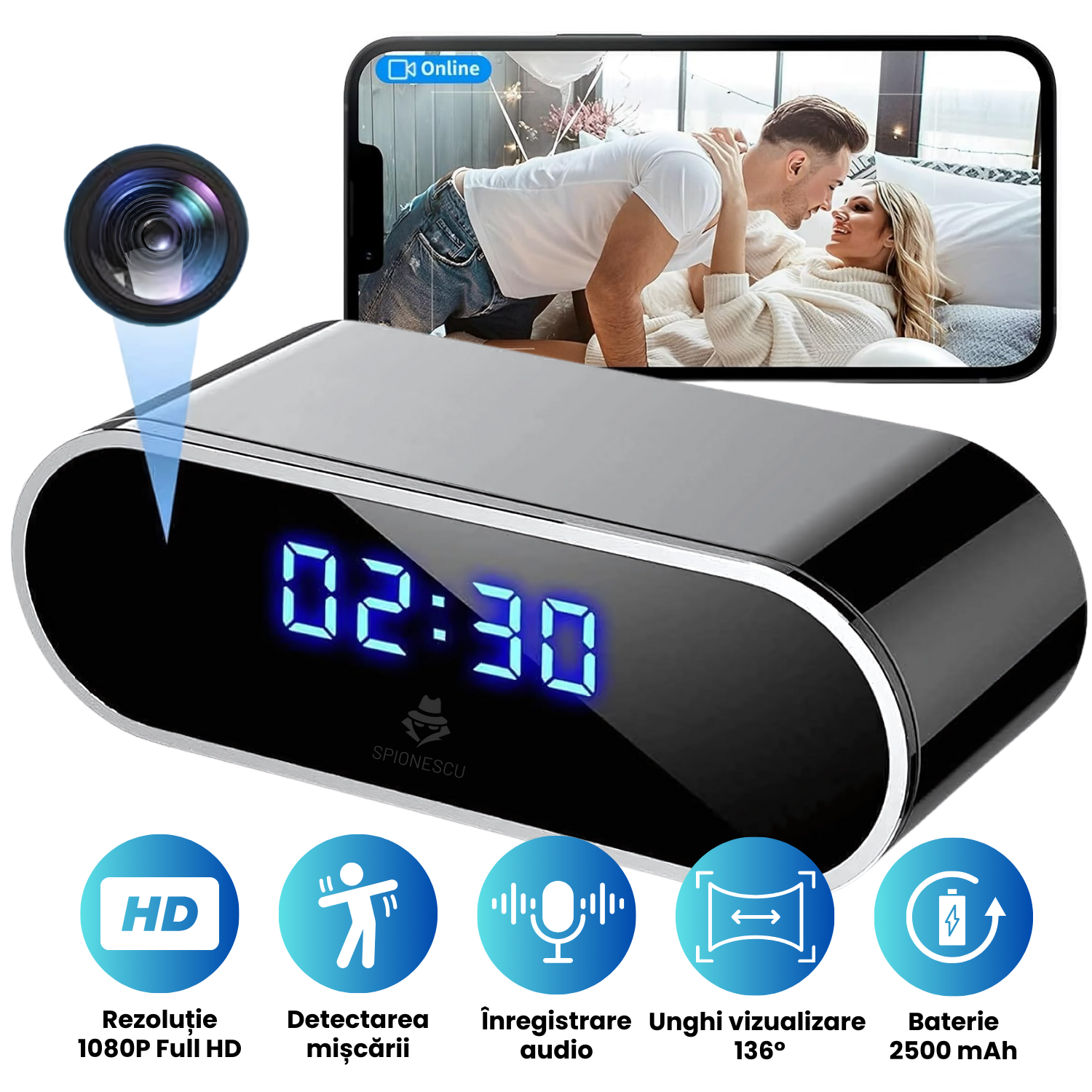 Ceas cu camera ascunsa audio-video, WiFi, HD, detectarea miscarii pe i ...