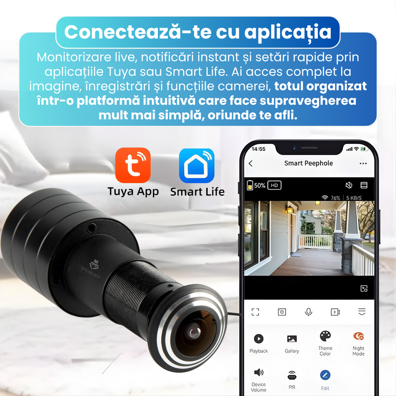 Vizor usa cu camera video WiFi, inregistrare Full HD, unghi 140 ...